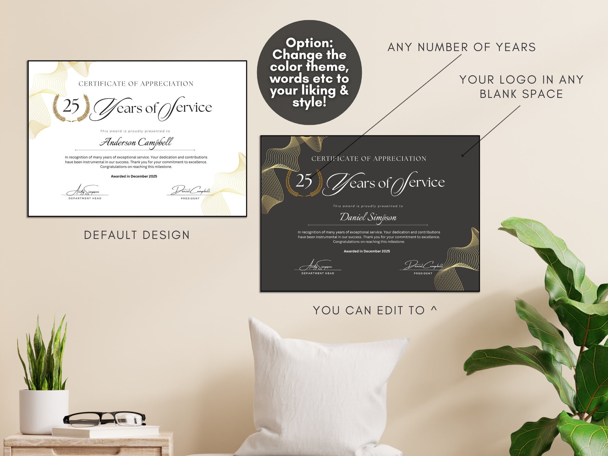 Editable Years of Service Award Certificate, Employee Work Anniversary ...