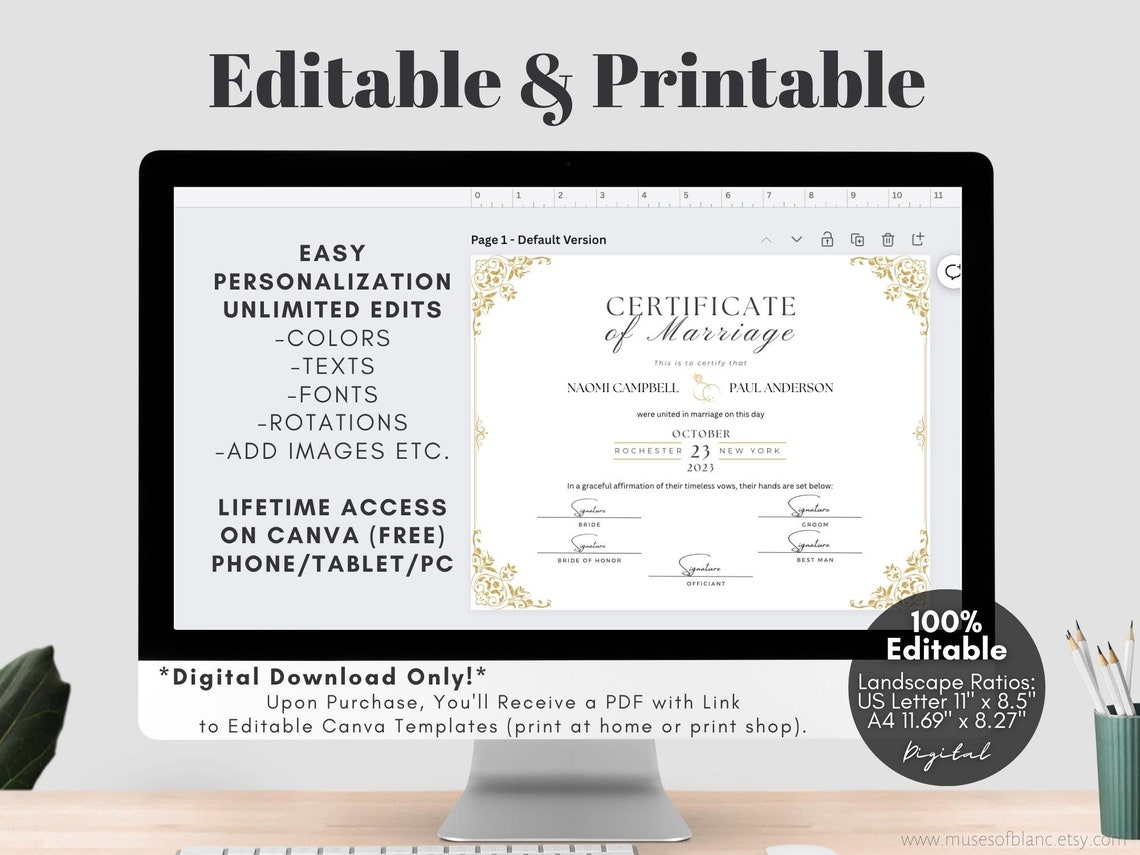 Editable Marriage Certificate Template, Printable Certificate of ...