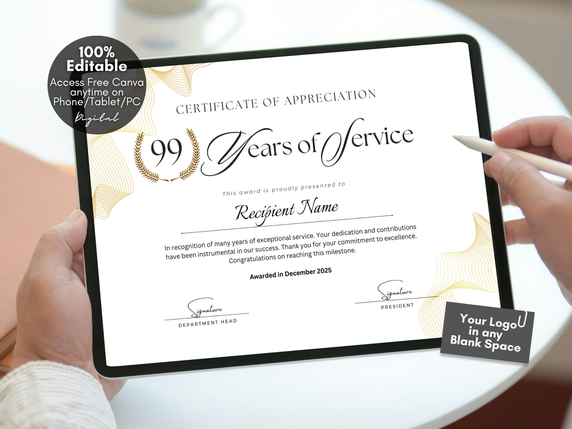 Editable Years of Service Award Certificate, Employee Work Anniversary ...