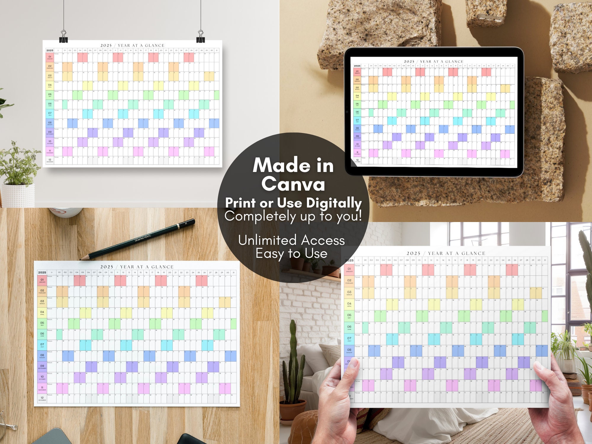 Editable 2025 Calendar Printable Year Planner, Year at a Glance 2025 ...