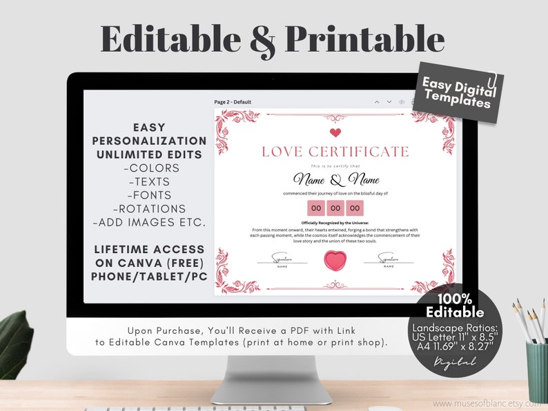 Editable Certificate of Love Couple Gift Keepsake, Personalized ...