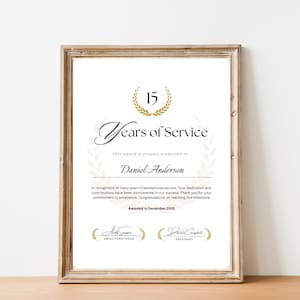 Editable Years of Service Award Certificate, Employee Work Anniversary ...
