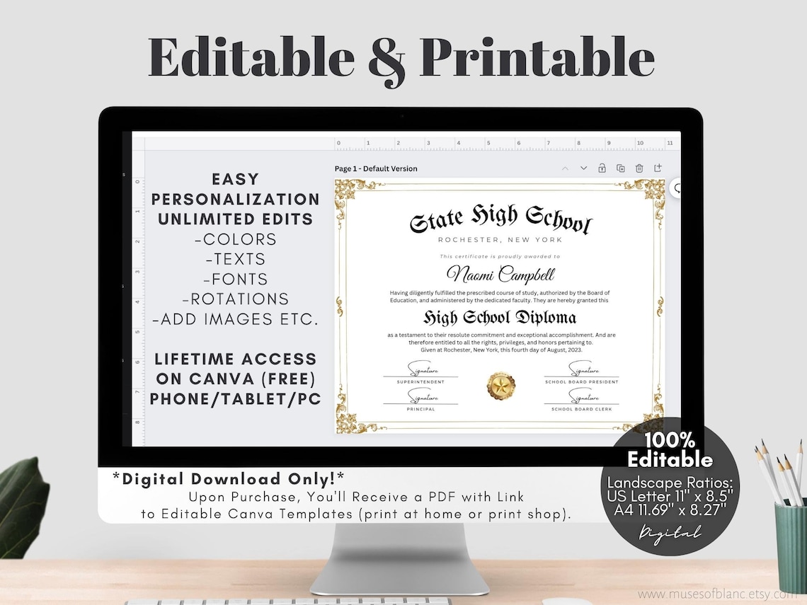 Editable High School Diploma Certificate Template, Printable Diploma ...