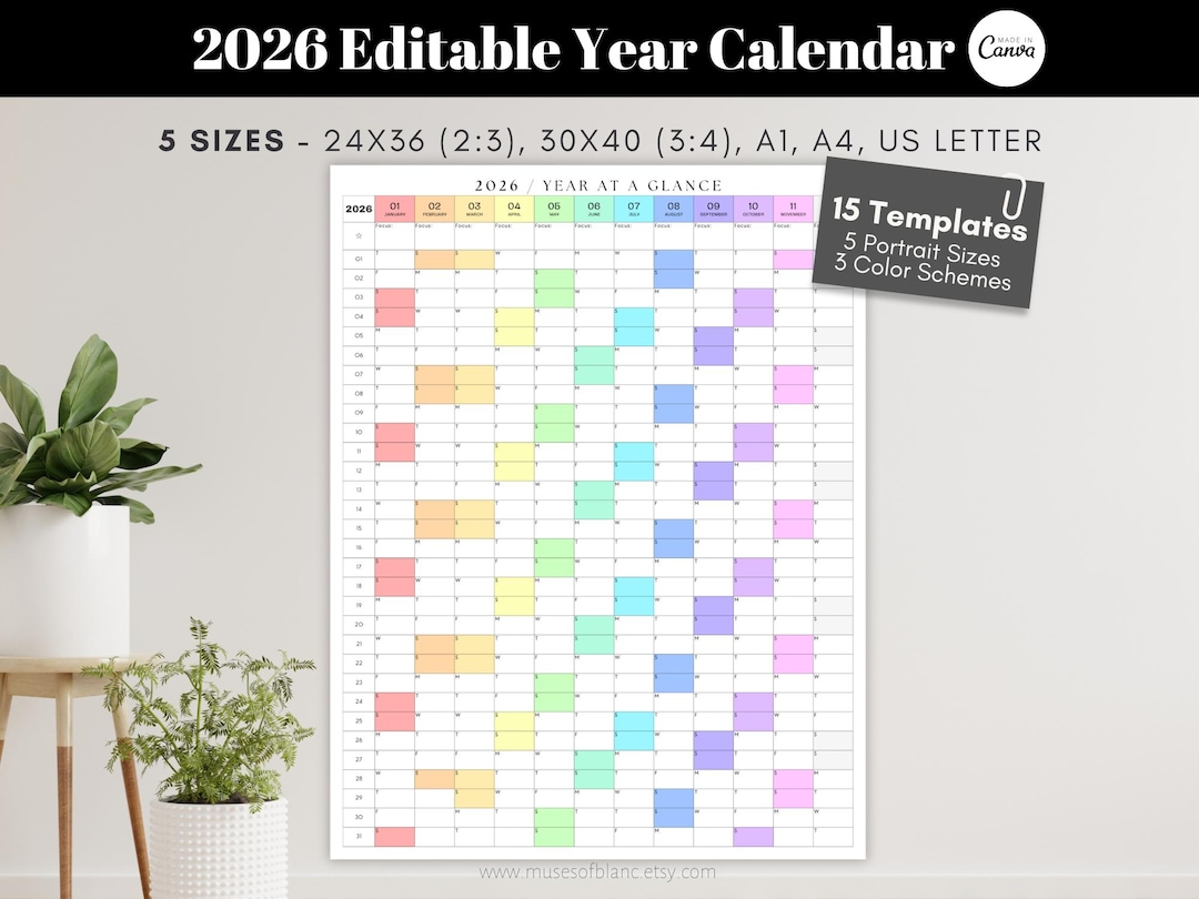 Editable 2026 Calendar Printable Year Planner, Year at a Glance 2026 ...