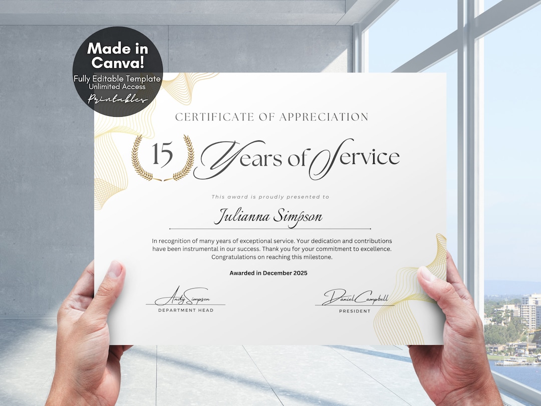 Editable Years of Service Award Certificate, Employee Work Anniversary ...