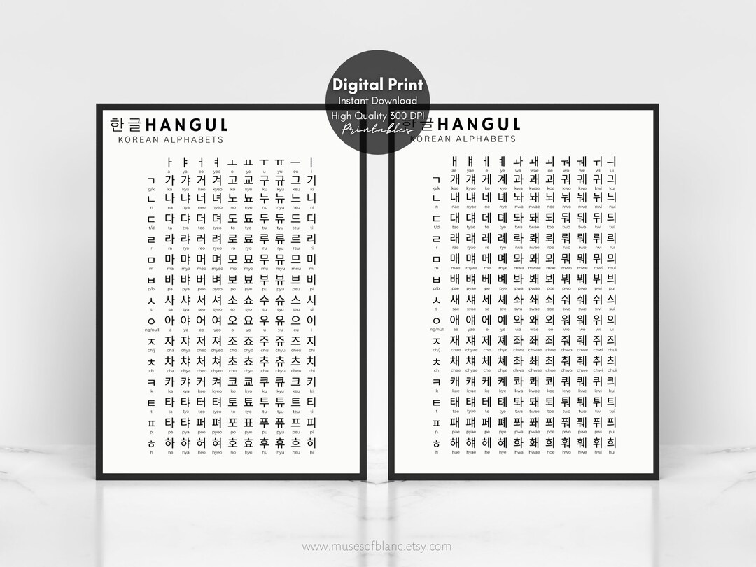 2 Hangul Chart Korean Learning Language Wall Print, Learn Korean Hangul ...