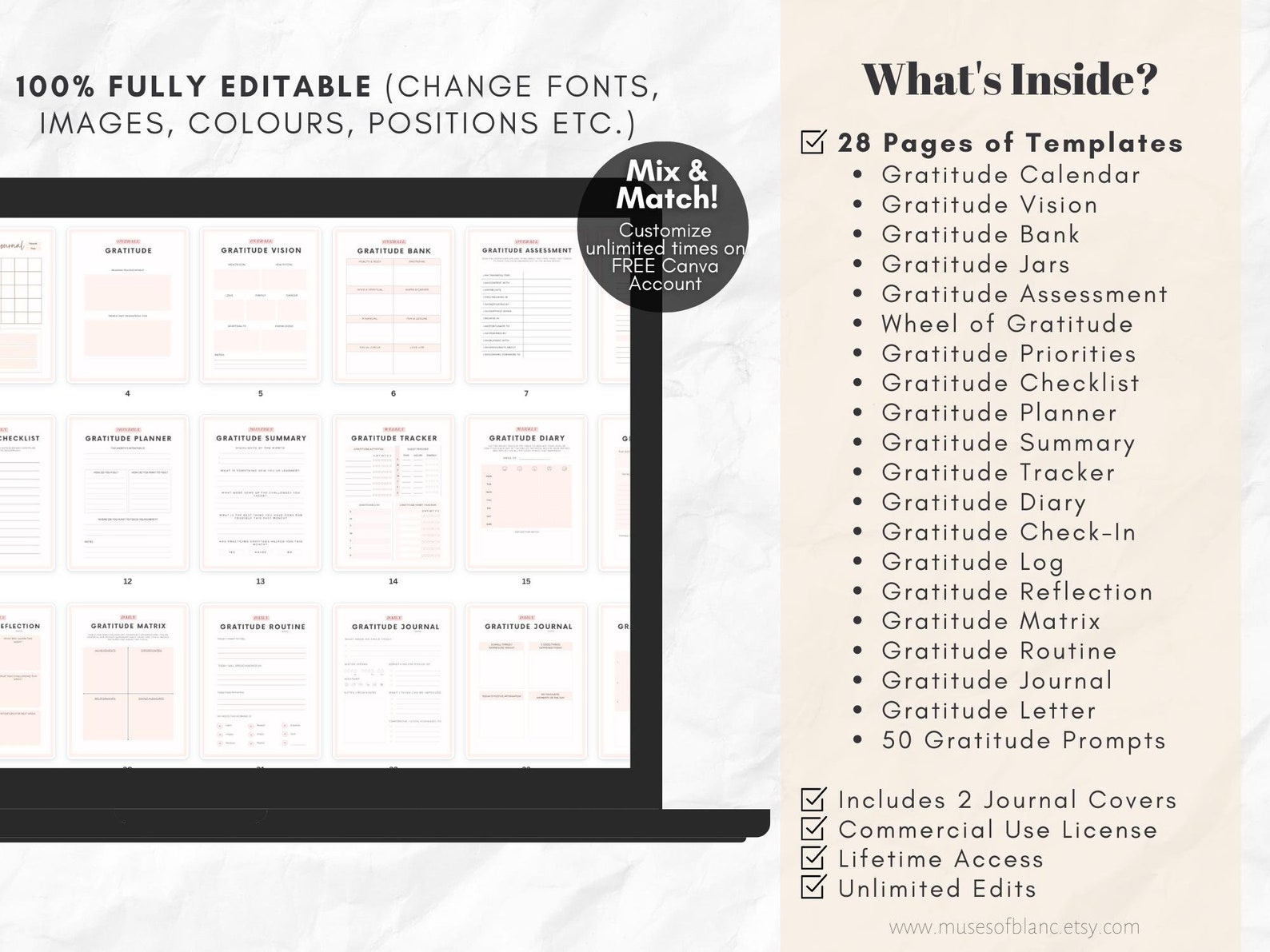 Gratitude Journal Bundle, Editable Canva Templates, Undated Digital ...
