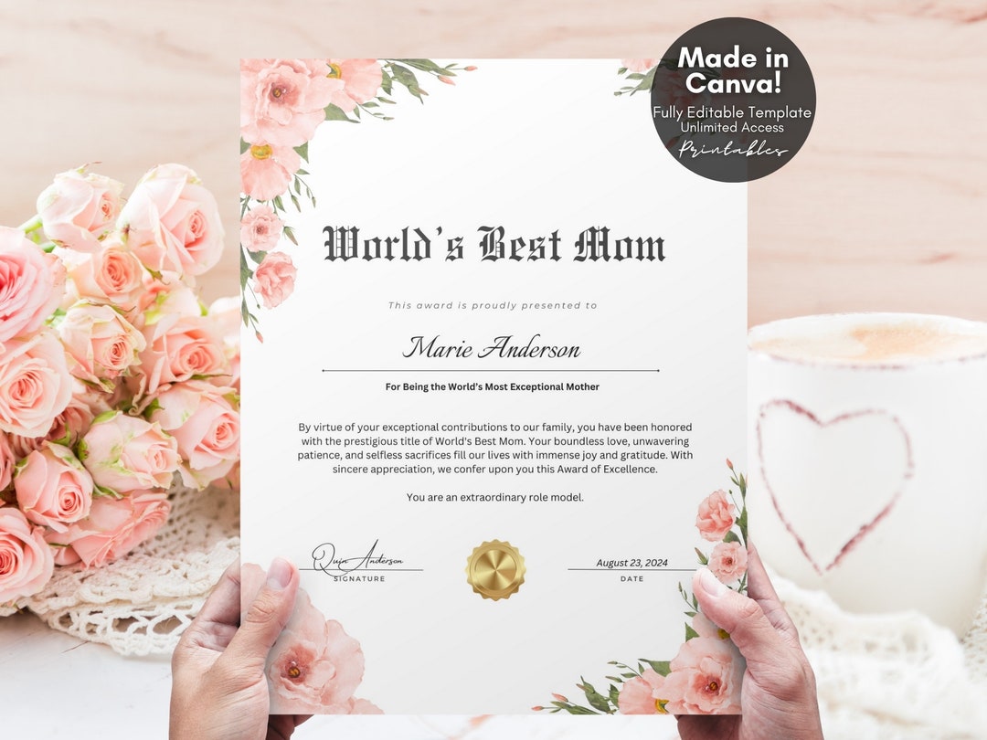 Editable World’s Best Mom Certificate Template, Custom Happy Mother’s ...