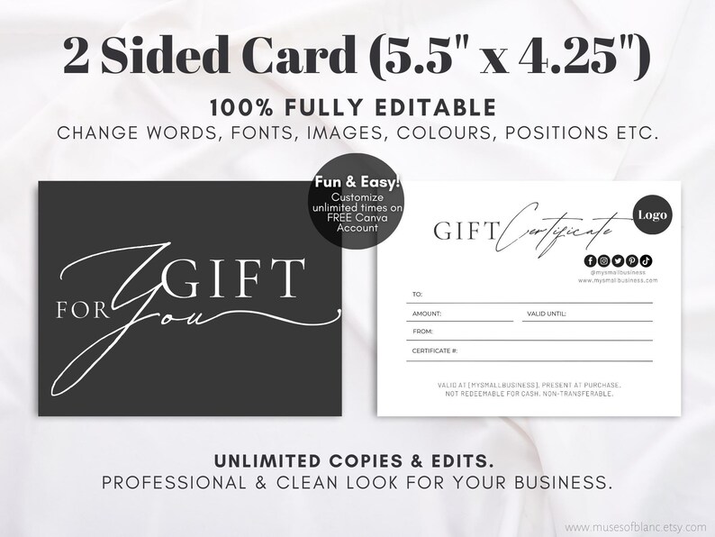 Editable Gift Certificate Template, Printable Business Gift Card (canva ...