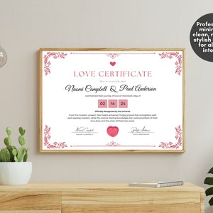 Editable Certificate of Love Couple Gift Keepsake, Personalized ...