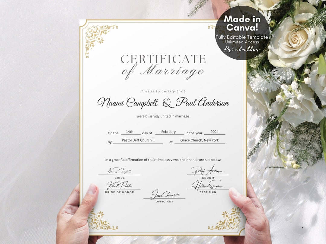 Editable Marriage Certificate Template, Printable Certificate of ...