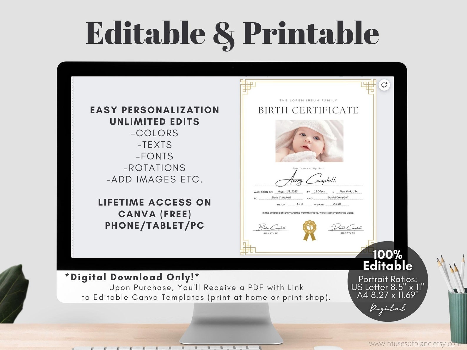 Editable Certificate of Birth Certificate Template, Printable Birth ...