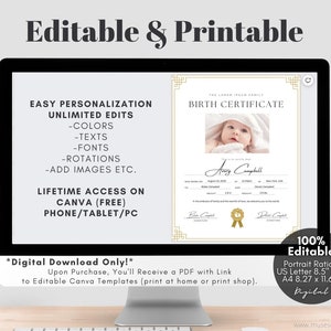 Editable Certificate of Birth Certificate Template, Printable Birth ...