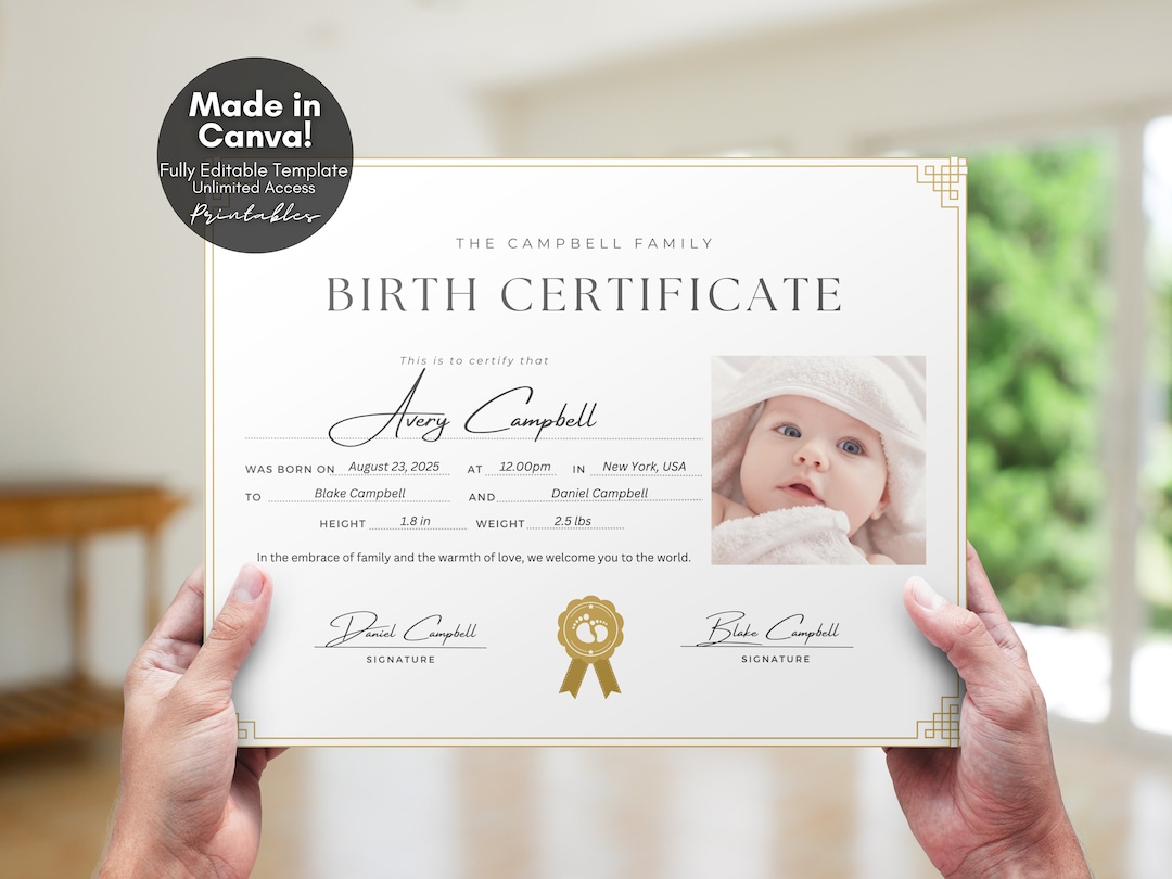 Editable Certificate of Birth Certificate Template, Printable Birth ...