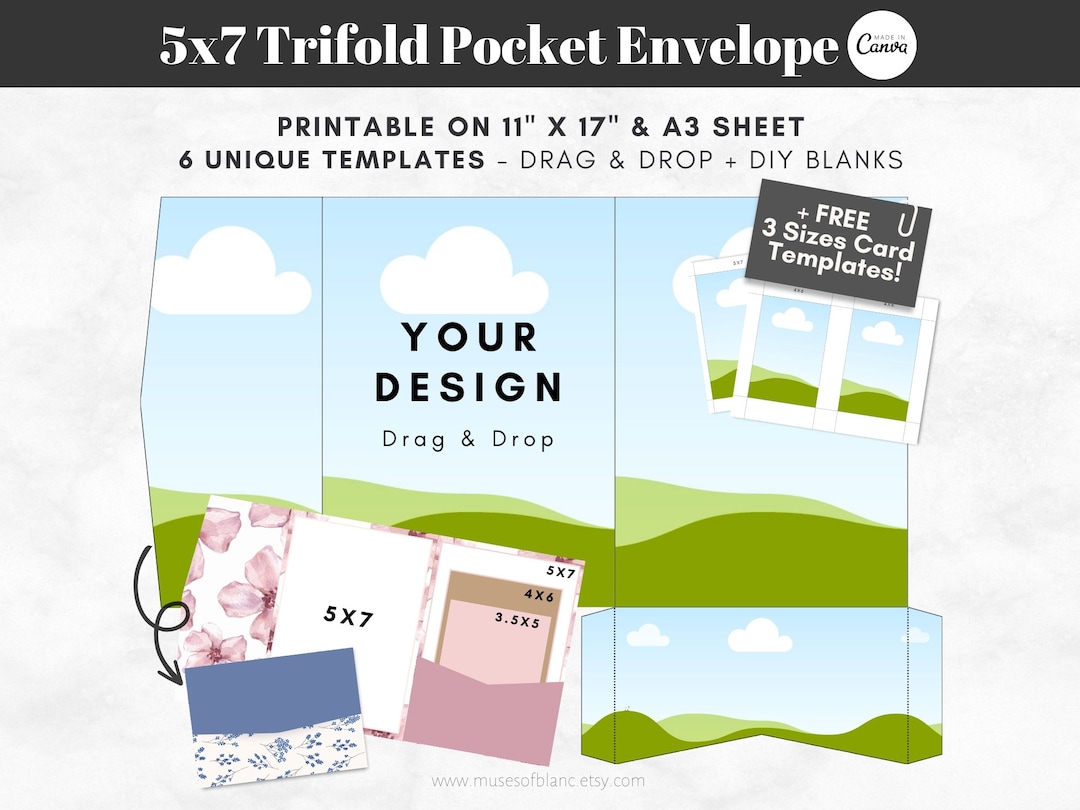 Drag and Drop Trifold Pocket Envelope Template, Printable 5x7 Tri Fold ...