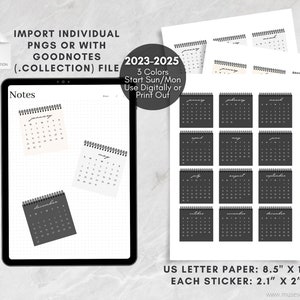 Monthly Calendar Digital Stickers 2023, 2024, 2025, Mini Calendar ...