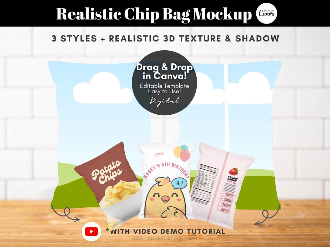 Editable Chip Bag Mockup Template, Drag and Drop Chip Bag Template, Custom Party Favor Mockup ...