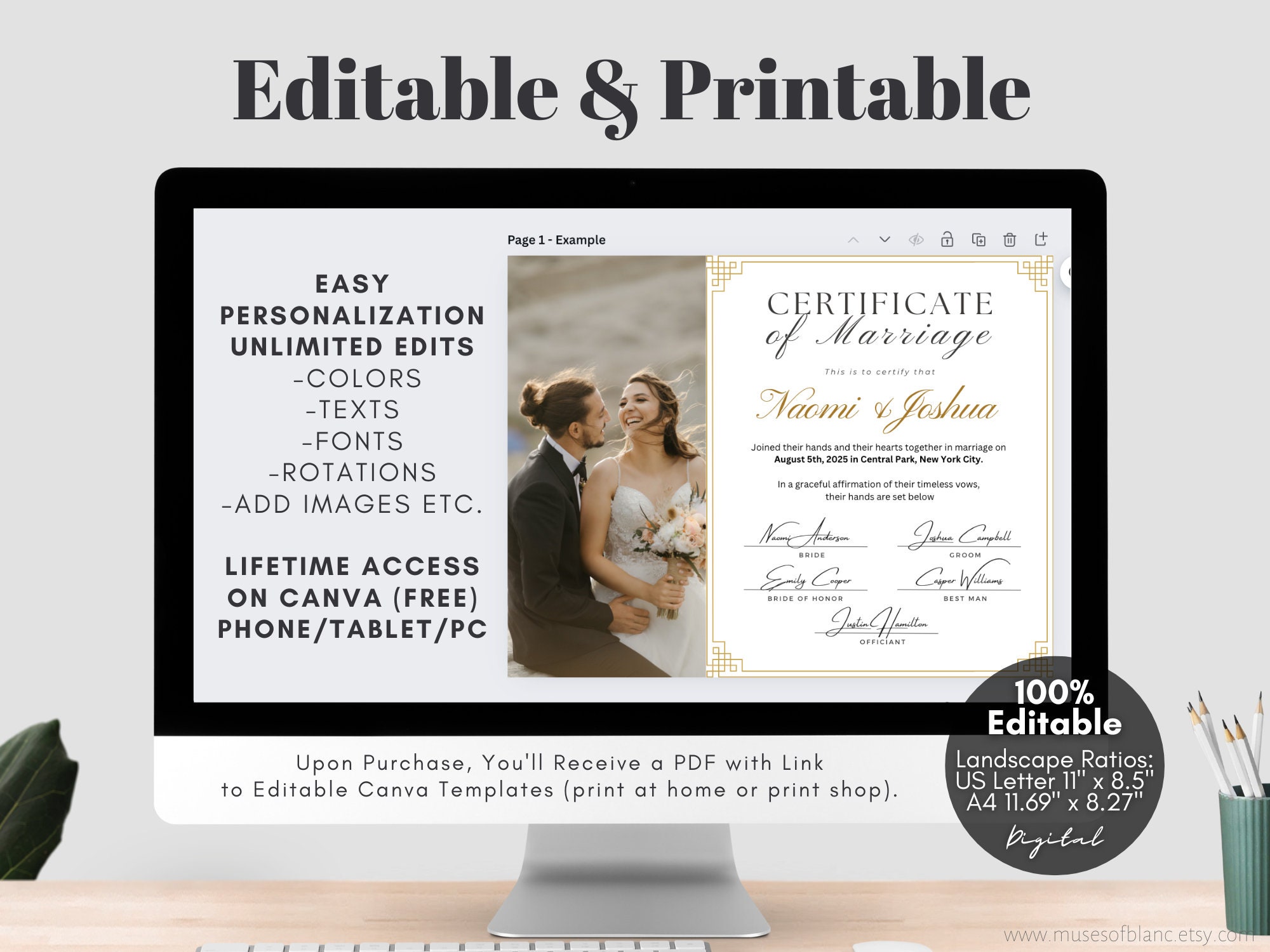 Editable Marriage Certificate Template, Printable Certificate of ...
