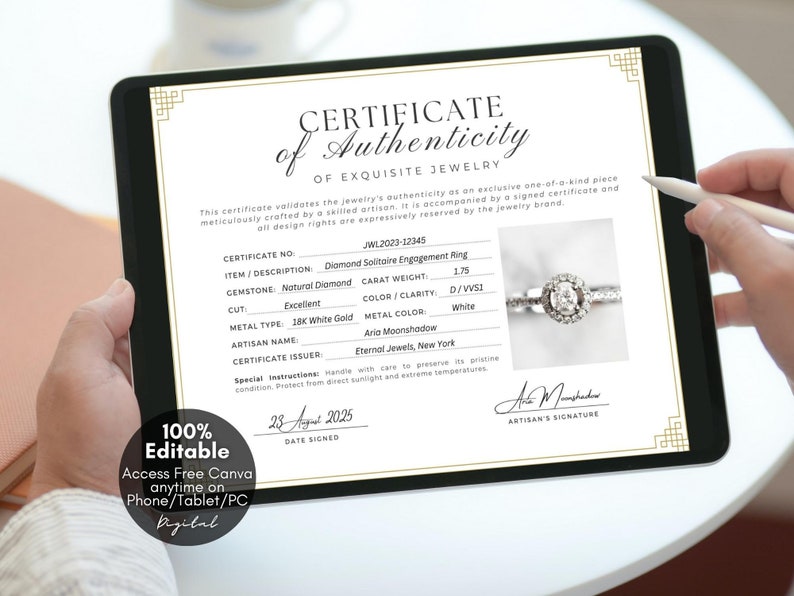 Editable Certificate of Authenticity for Jewelry Template, Printable ...
