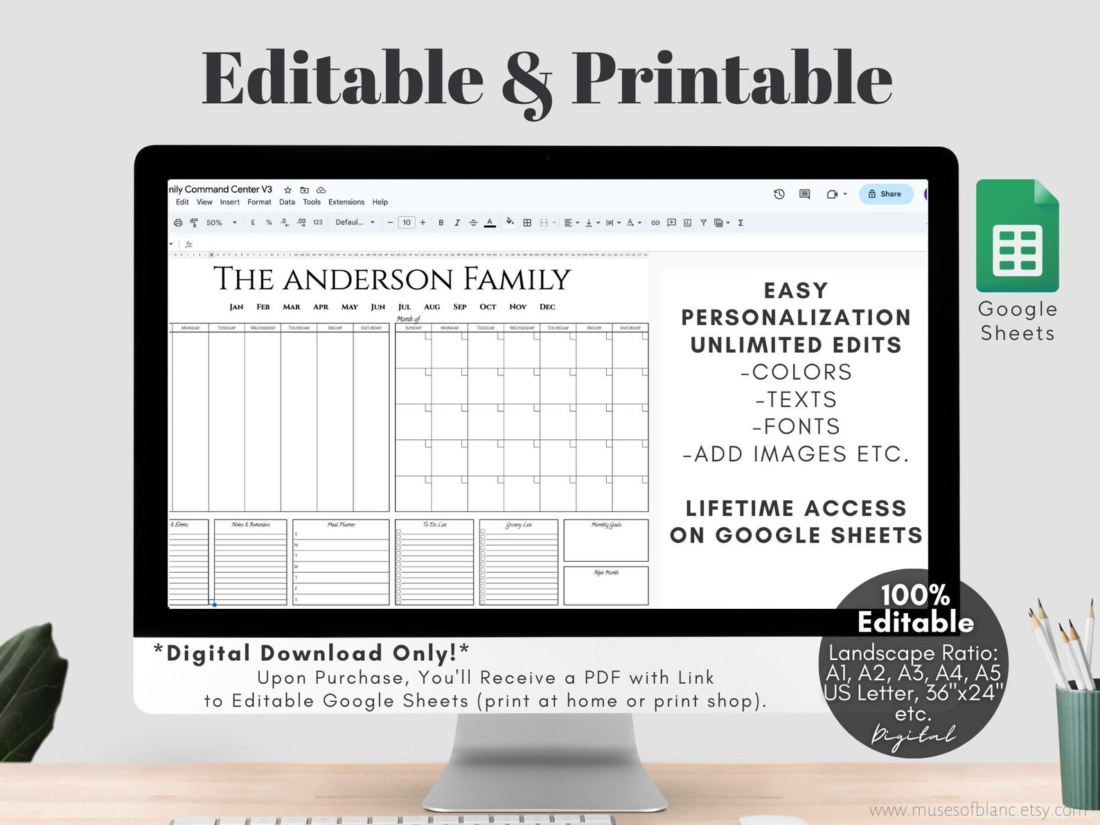 Editable Family Command Center Printable Google Sheets Template V3 ...