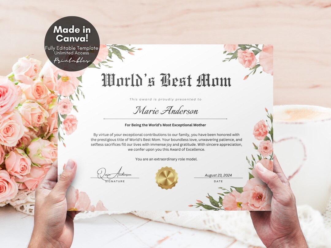 Editable World’s Best Mom Certificate Template, Custom Happy Mother’s ...