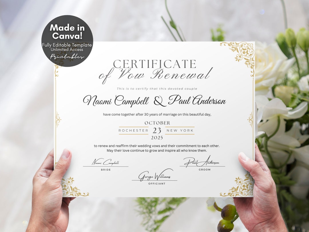 Editable Certificate of Vow Renewal Template, Printable Wedding Vow ...