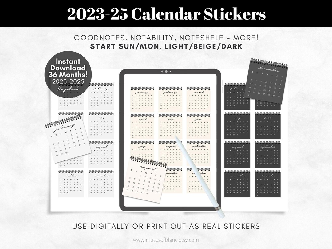 Monthly Calendar Digital Stickers 2023, 2024, 2025, Mini Calendar ...