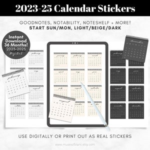 Monthly Calendar Digital Stickers 2023, 2024, 2025, Mini Calendar ...