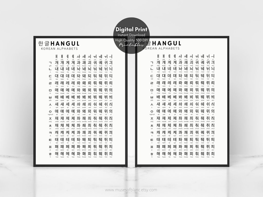 2 Hangul Chart Korean Learning Language Wall Print, Learn Korean Hangul ...