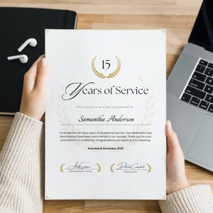 Editable Years of Service Award Certificate, Employee Work Anniversary ...