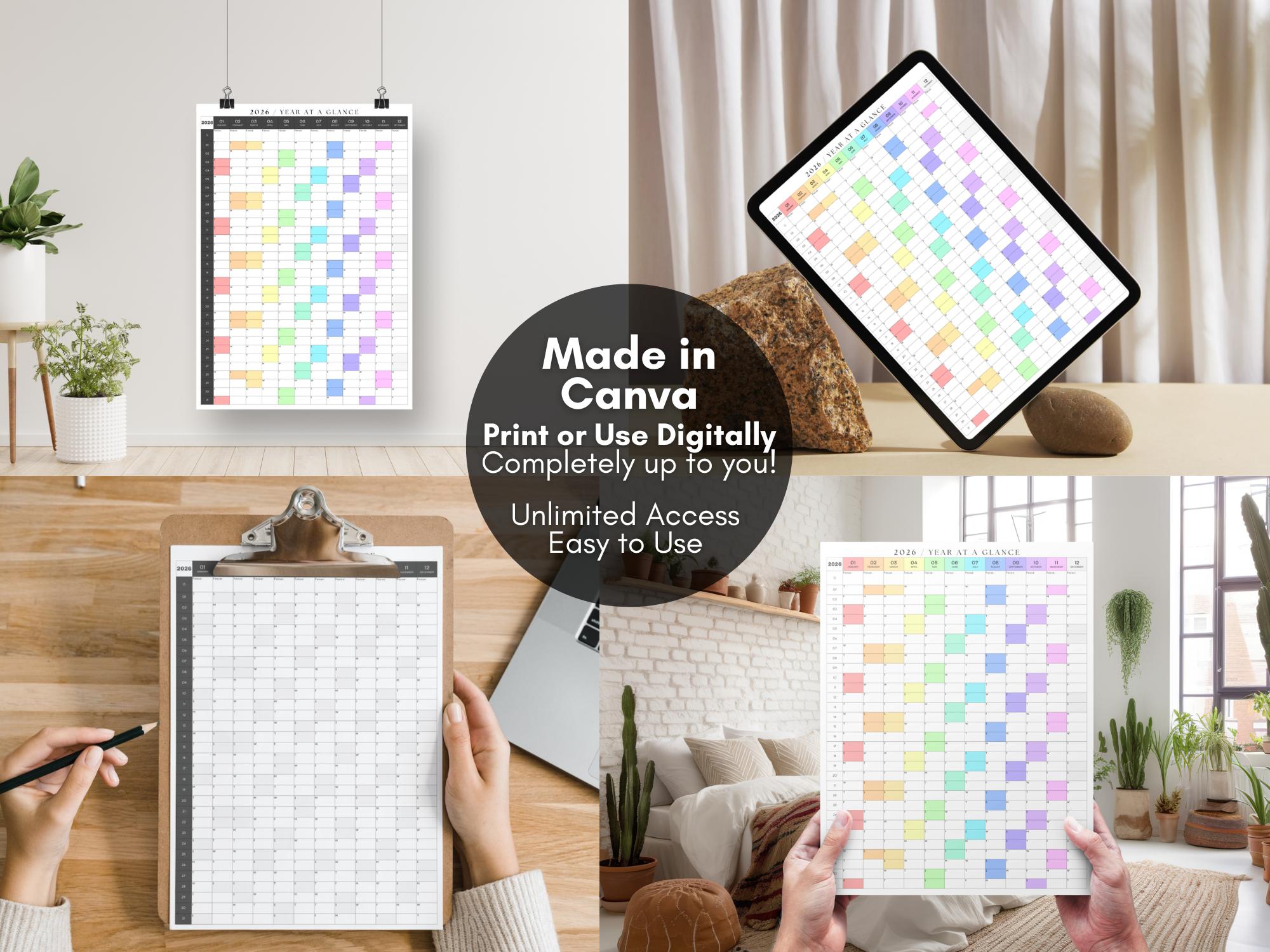 Editable 2026 Calendar Printable Year Planner, Year at a Glance 2026 ...