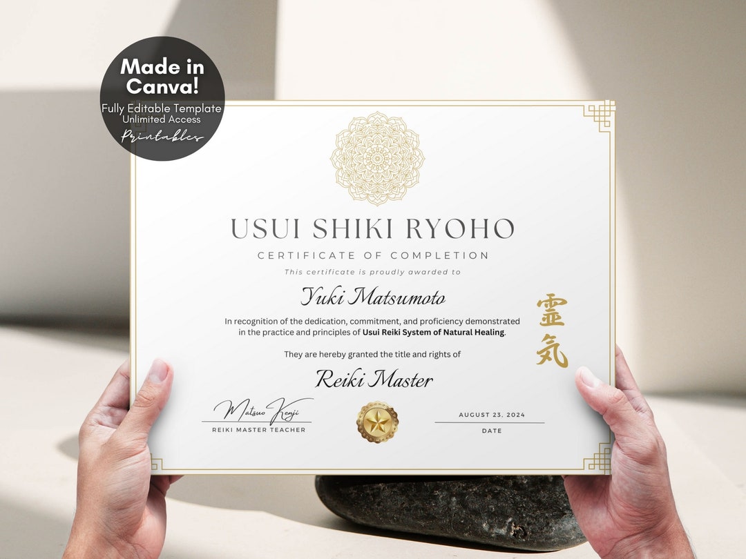 Editable Reiki Certificate of Completion, Usui Shiki Ryoho Reiki ...