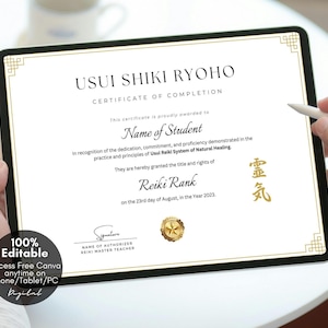 Editable Reiki Certificate of Completion, Usui Shiki Ryoho Reiki ...