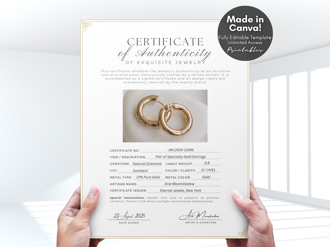 Editable Certificate of Authenticity for Jewelry Template, Printable ...