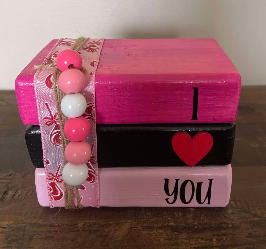 Wood Book Stack Home Decor Wooden Books Valentine's Day Book - Etsy