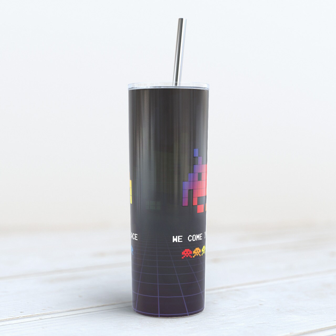 Retro Classic Arcade Machine "we Come in Peace" 20oz Skinny Tumbler Cup ...