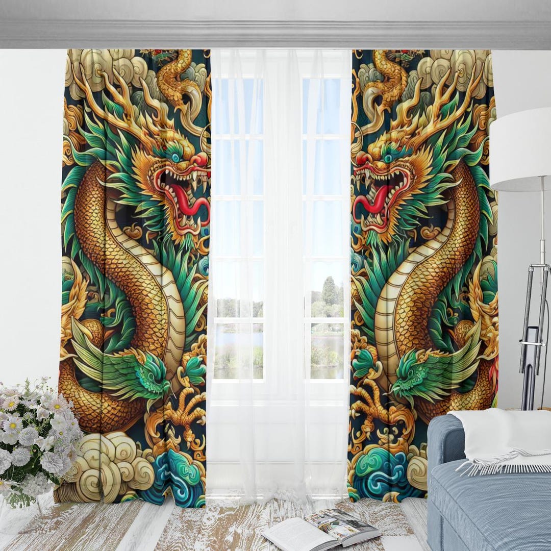 Golden Imperial Dragon Blackout Curtains Room Darkening Shades 2 Panel ...
