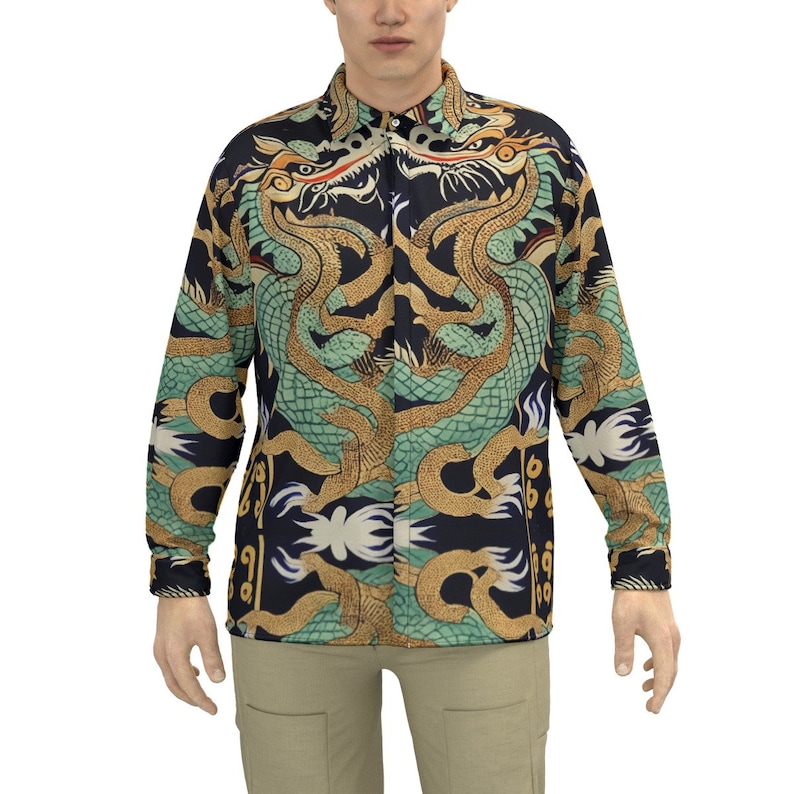 Dragon Cotton Dress Shirt Long Sleeve Hawaiian Dragons Button up Down ...
