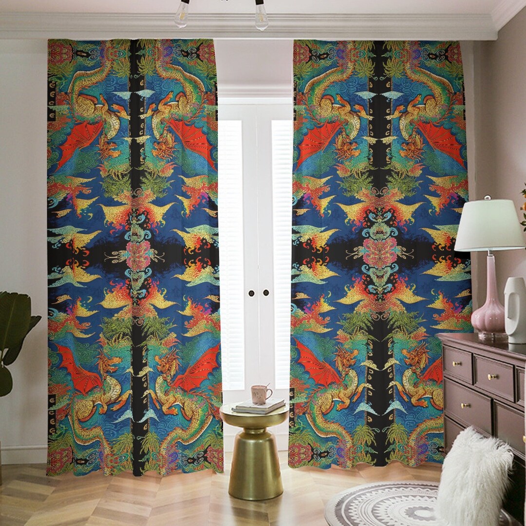 Psychedelic Dragon Black Out Curtains Oriental Asian Chinese Dragons ...