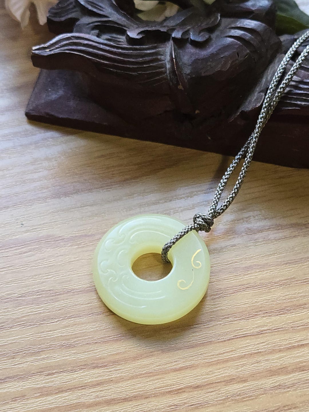 Rare Yellow Jade Disc Pendant With 24k Gold Inlay Scroll Pattern ...