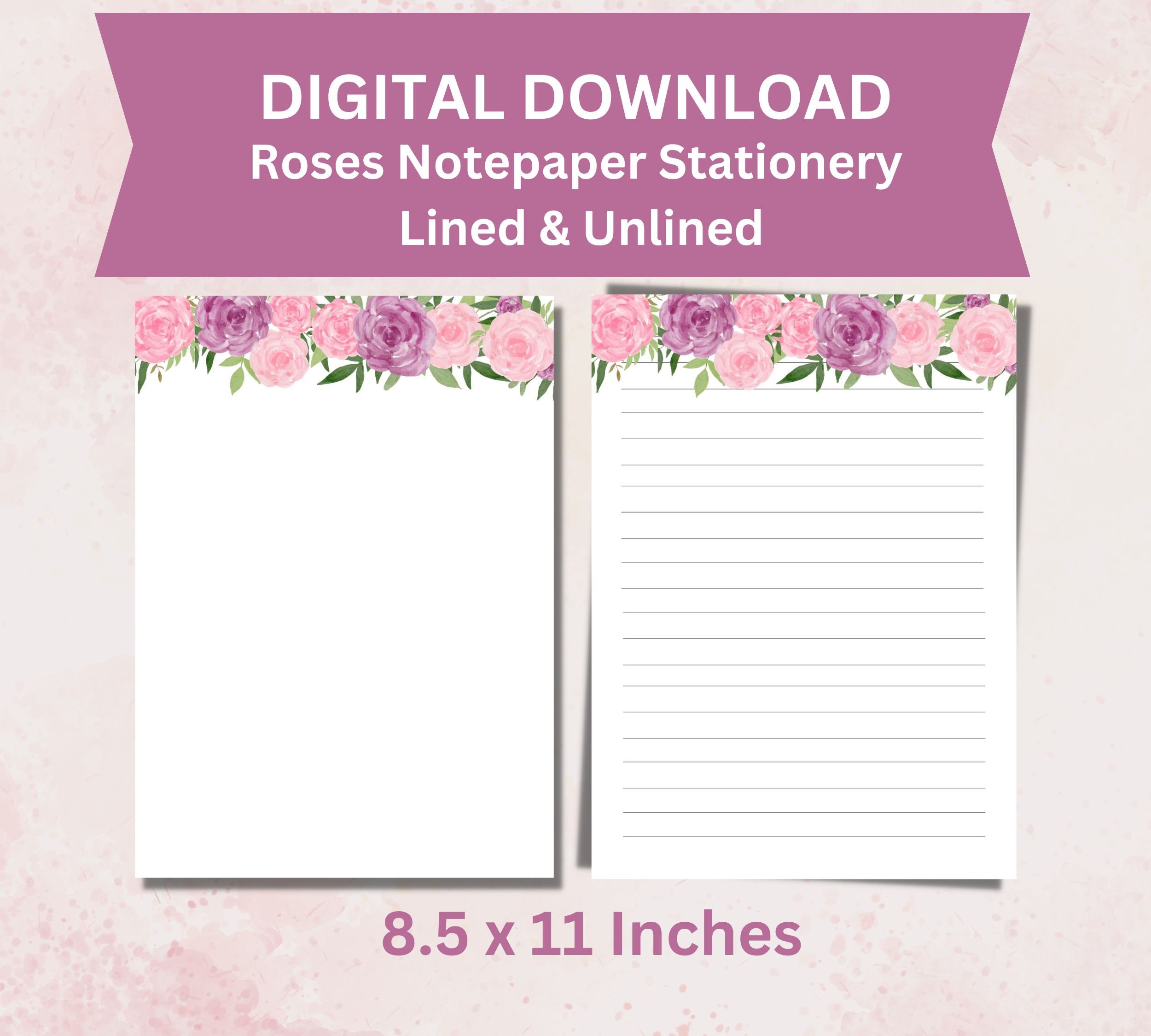 Watercolor Roses Printable Stationery, Set of 6 Digital Download ...