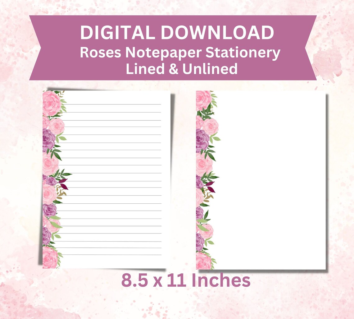 Watercolor Roses Printable Stationery Set of 6 Digital - Etsy