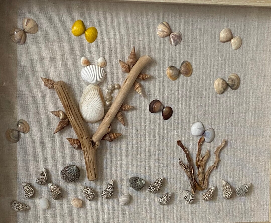 Seashell Shadowbox Cat With Butterflies Seashell and Beach - Etsy