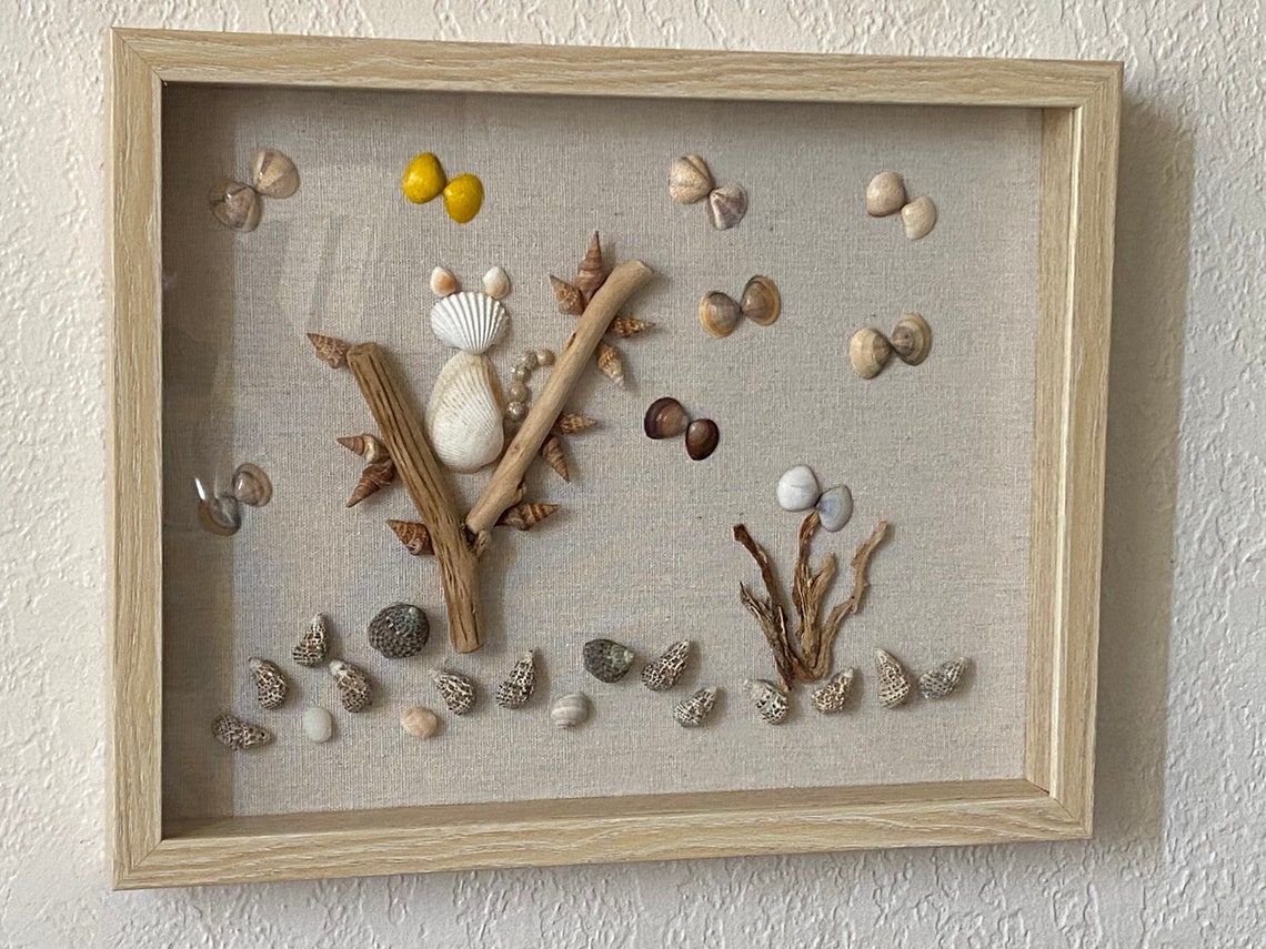 Seashell Shadowbox, Cat With Butterflies, Seashell and Beach Shadow Box ...