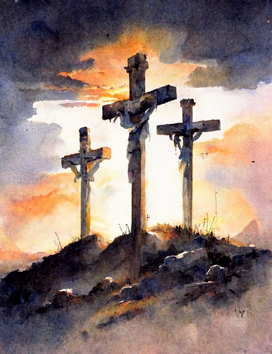 Easter Decor Three Crosses at Calvary Hill Watercolor Art Print of ...