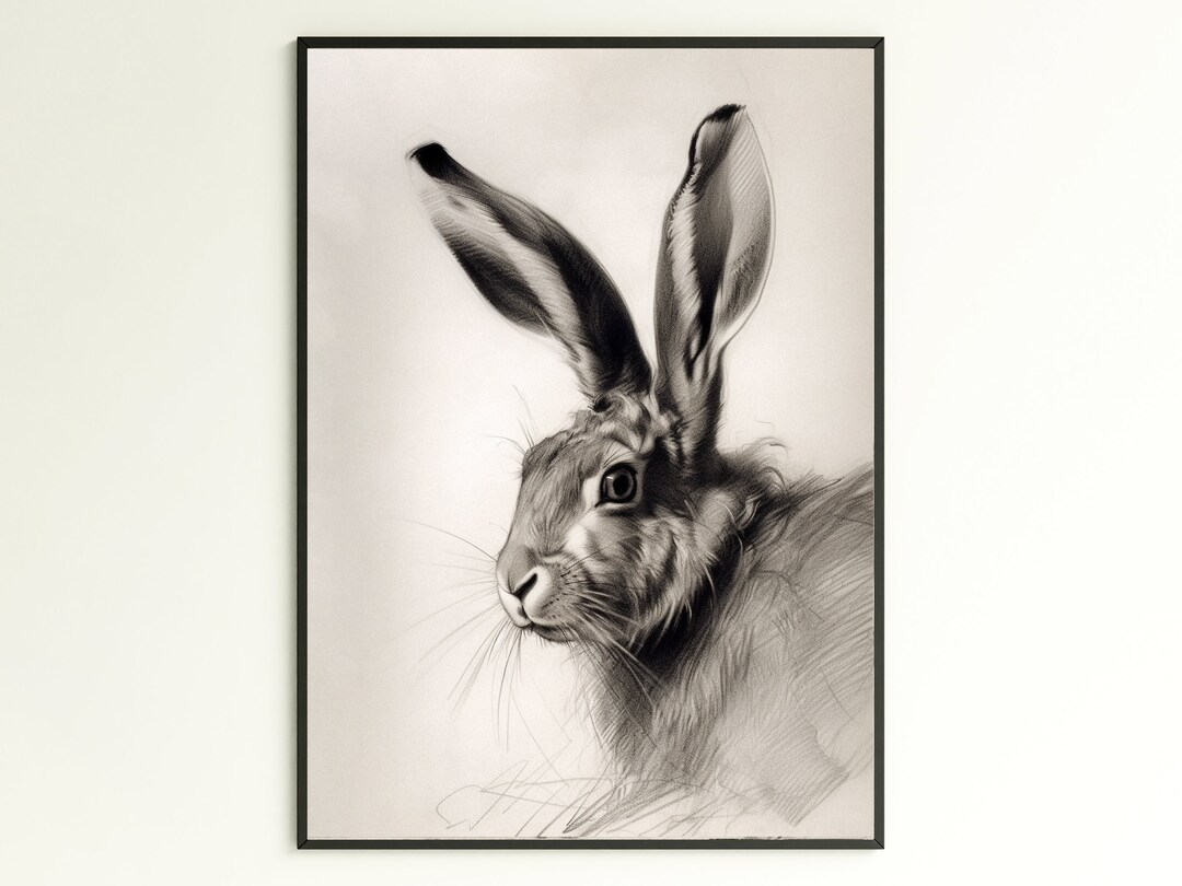 PRINTABLE Rabbit Art Print, Rabbit Pencil Drawing Wall Art, Animal ...