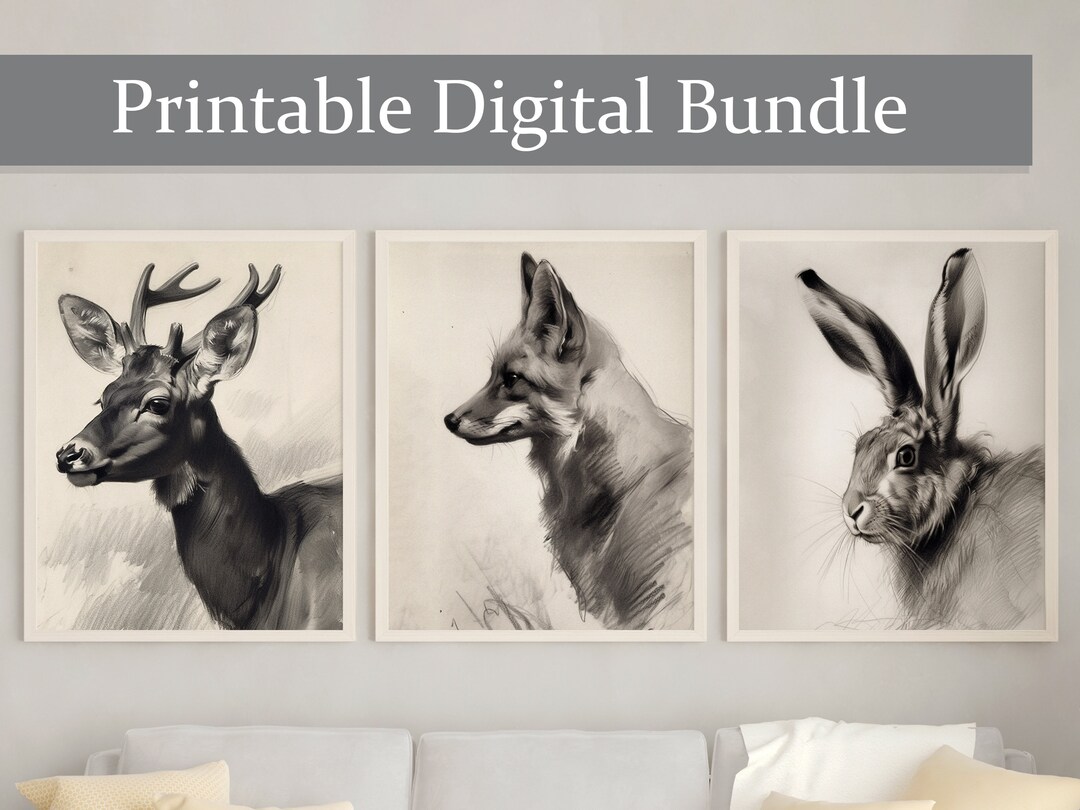 PRINTABLE Rabbit Deer Fox Wall Art Print Set of 3, Pencil Drawing ...
