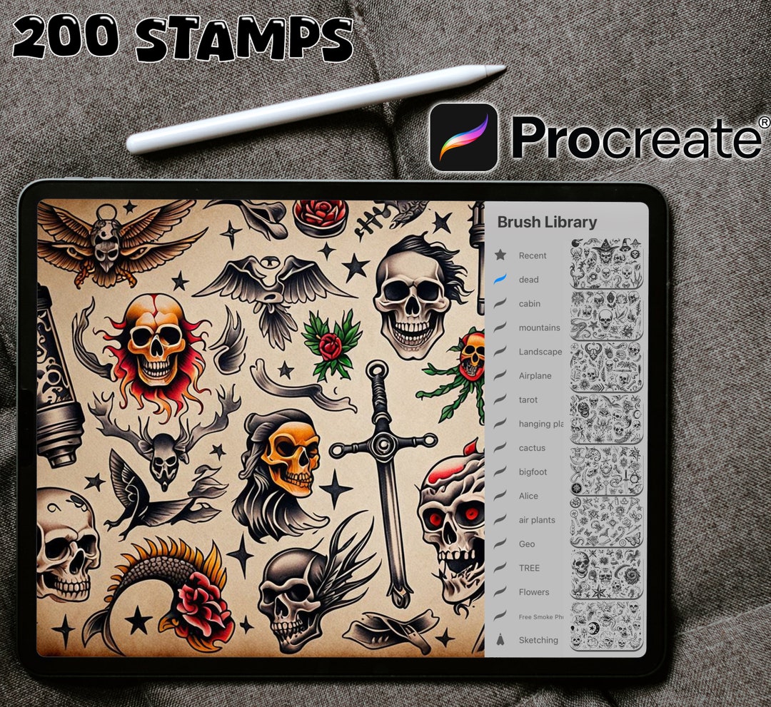 200 Skull Tattoo Flash Procreate Stamps, Digital Stamps, .brushset ...