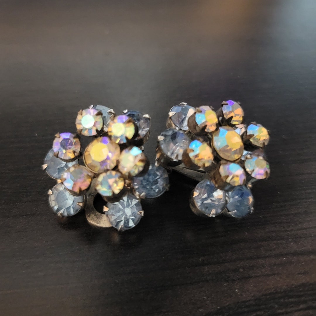 Vintage Earrings AB Aurora Borealis Crystals Light Blue Rhinestones ...