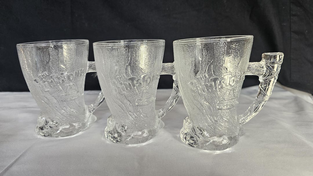 3 Vintage Mcdonald's Flinstones Mammoth Clear Glass Textured Coffee Mug ...